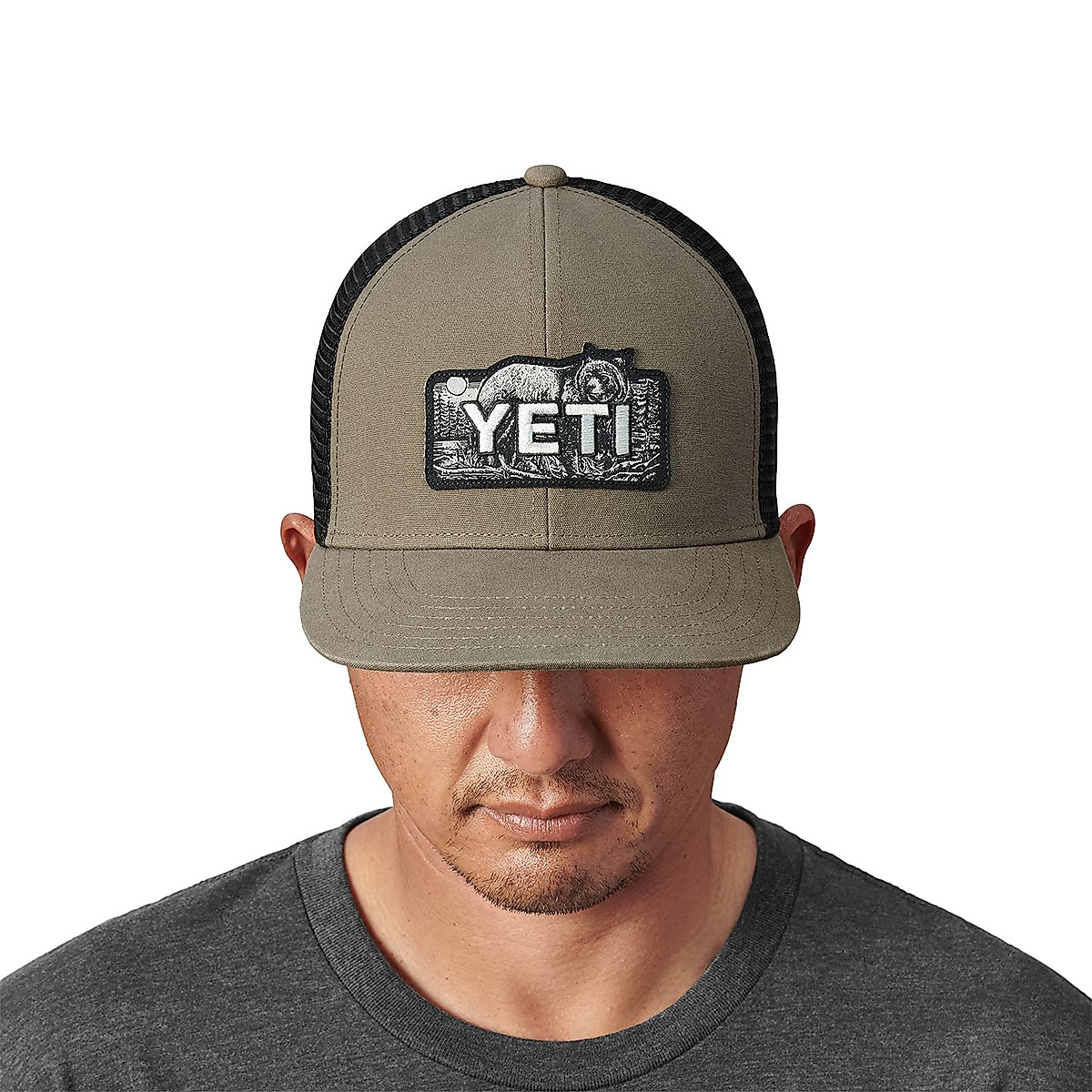 YETI Bear Badge Trucker Hat, Sharptail Taupe/Black, One Size