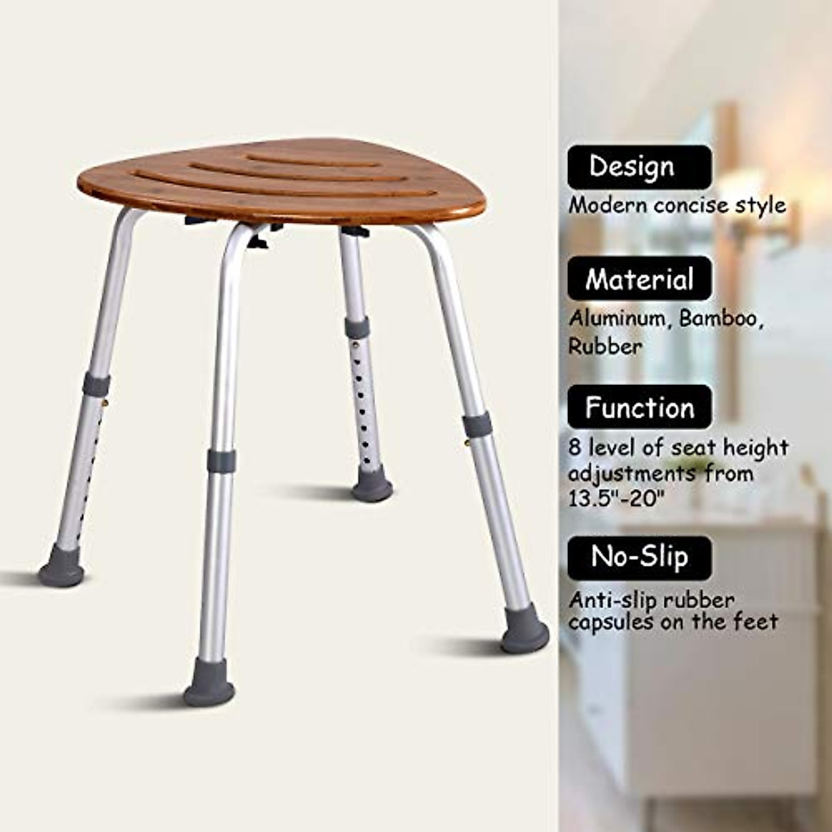 Goplus Bamboo Bath Seat, Waterproof Bathroom Shower Seat,Spa Massage Chair, Triangular Fanshaped with Slip-Resistant Rubber Bathroom Organizer, Weight Capacity: 350 Lbs