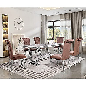 ACEDÉCOR Modern Dining Room Table with Silver Stainless Steel Metal U-Base in Grey Silver