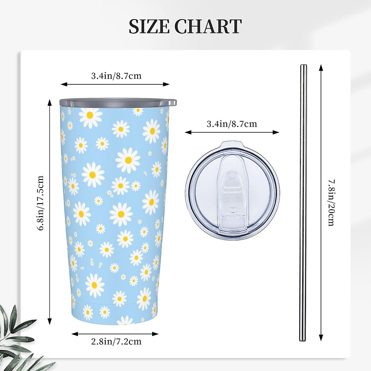 CHASOEA Daisy Tumbler 20oz Floral Flowers Stainless Steel Insulated Tumblers with Lid and Straw Blue Travel Coffee Mug Tea Wine Cups Water Bottle Daisy Gifts for Women