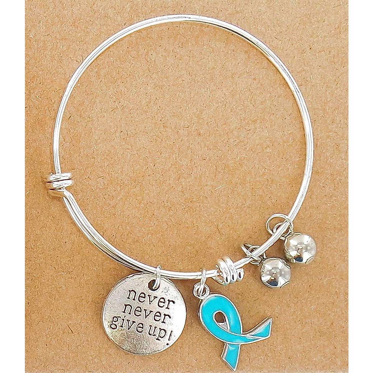 Awareness Bangles For Women - Ovarian Cancer Awareness Bracelets Charm Bangle - Teal Turquoise Ribbon Positive Inspirational Message Charm Bangle 1 pc