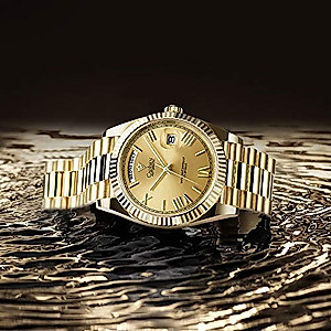 CADISEN Men Automatic Watch Sapphire Luxury Mechanical Wristwatch Stainless Steel Waterproof Watch Men MIYOTA8285 (Gold)
