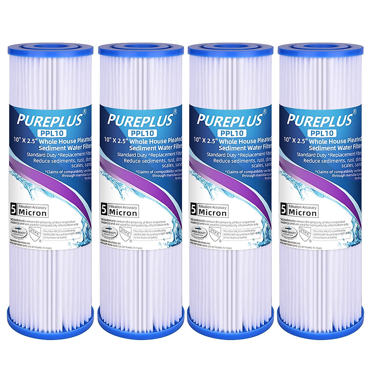 PUREPLUS 5 Micron 10"x2.5" Whole House Pleated Sediment Filter for Well Water, Replacement Cartridge for Universal 10 inch RO System, W50PE, WFPFC3002, SPC-25-1050, FM-50-975, 801-50, WB-50W, 4Pack