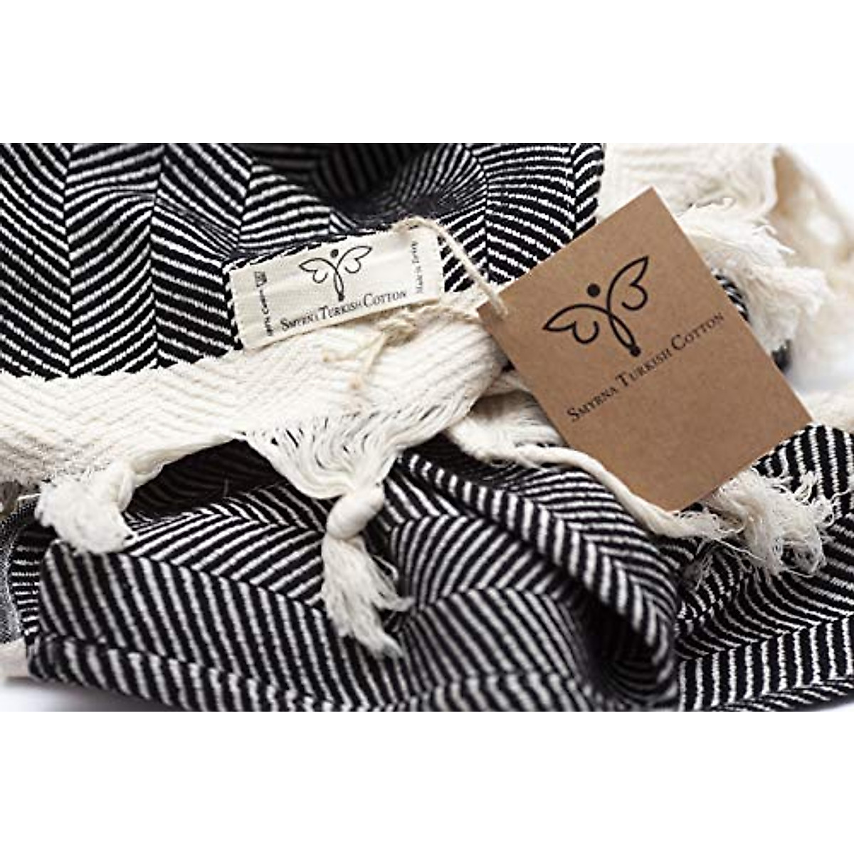 SMYRNA TURKISH COTTON Herringbone Series Hand Towels-Set of 2|16 x 40 in|100% Turkish Cotton|Large, Soft Hand and Head Towels for Bathroom, Kitchen|Don't Shrink|Premium Luxury - Black