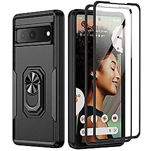 Niecase for Google Pixel 6A 5G Case with Screen Protector, Military Grade Dual Layer Heavy Duty Shockproof Full Body Protective Phone Cover, Built in Rotatable Magnetic Ring Holder for 6A (Black)