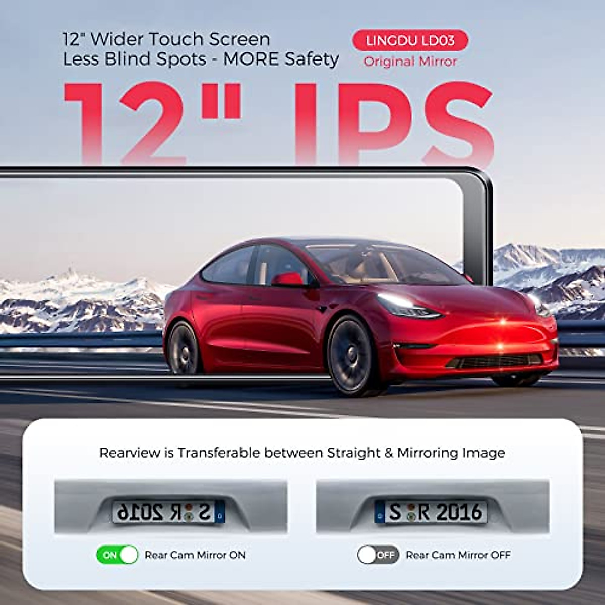 LINGDU LD03 12" Full Touch Screen Mirror Dash Cam with Detached Camera, Front and Rear Dual Cameras, Backup View Mirror Camera, FHD 1080P, Super Night Vision for Car, Includes Free 64GB Card & GPS