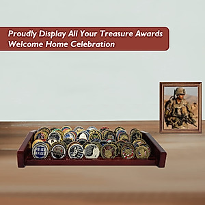 ASmileIndeep 8 Rows Military Challenge Coin Display Stand - Holds 60-70 Coins, Solid Wood Army Police Coin Rack Display Holder for Desktop, Mahogany