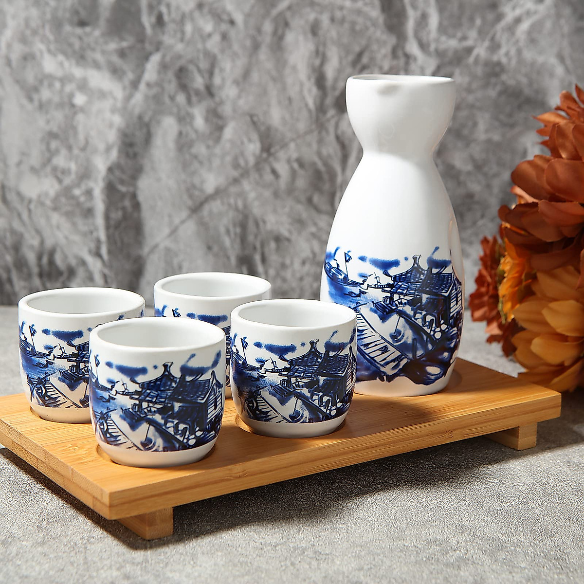 ABuff Japanese Sake Set, 1 Tokkuri Bottle & 4 Ochoko Cups with a Wooden Tray, Ceramic Sake Set Microwave and Dishwasher Safe