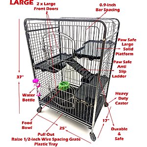 37-inch Metal Ferret Chinchilla Small Animals Hutch Rolling Cage Squirrel/Guinea Pig/Kitten/Rabbit Pet with 2 Front Doors for Indoor Outdoor Solid Plastic Platfroms and Ladders