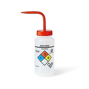 United Scientific™ UniSafe™ Leakproof Laboratory Grade Wide Mouth LDPE Vented Chemical Wash Bottle, Acetone, 500mL (16oz), 4-Color, Pack of 6