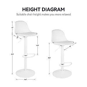 Miereirl Bar Stools Set of 2 Morden Height Counter Bar Stools with Polypropylene Back and Leather Seat，Swivel Adjustable Stool Chair for Home Kitchen Island-White