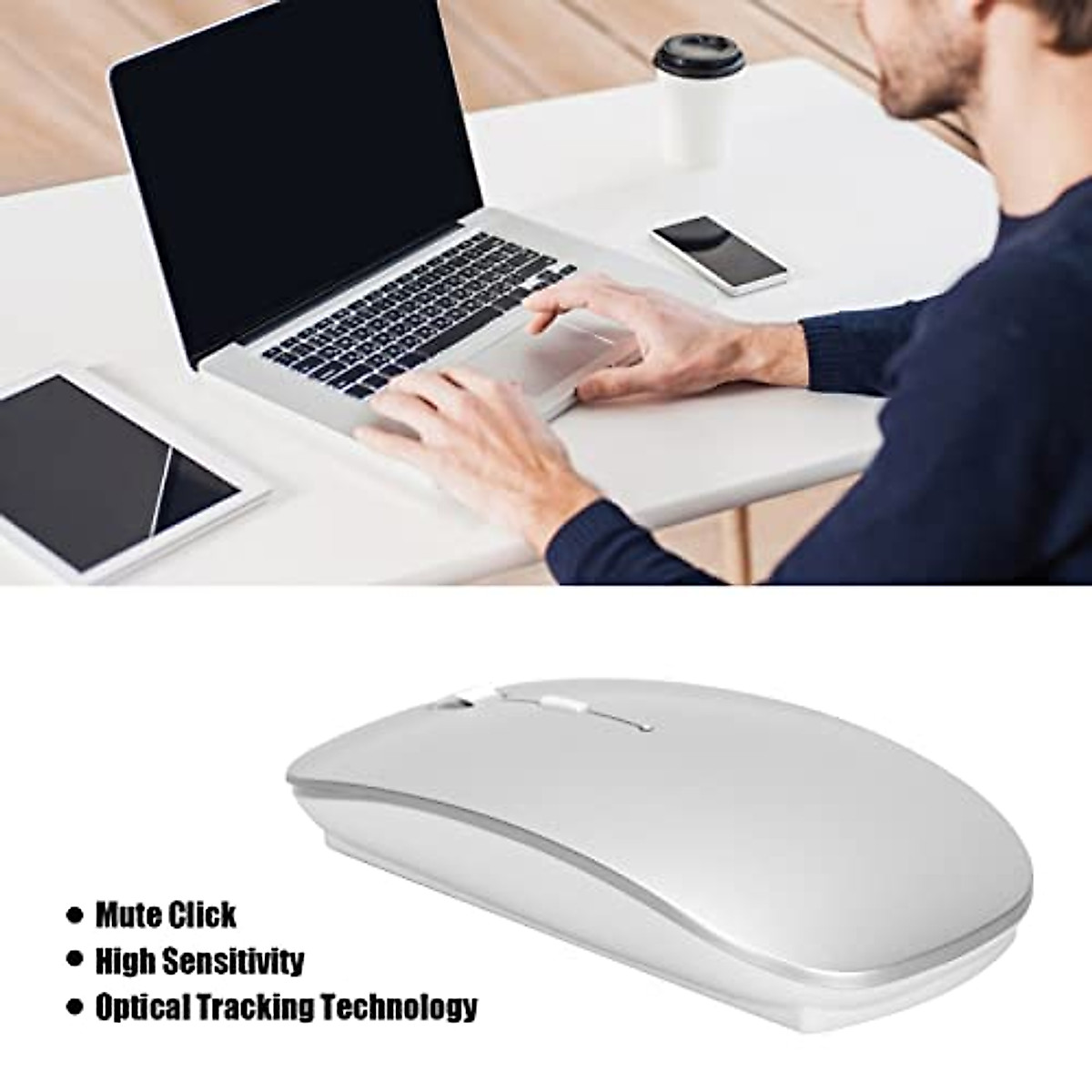 Wireless Mouse, Noiseless Optical Mouse BT 5.0 and 2.4GHz Wireless Connection 1000/1200/1600DPI Gaming Mice for Win/OS X/Android System(Silver Smooth)