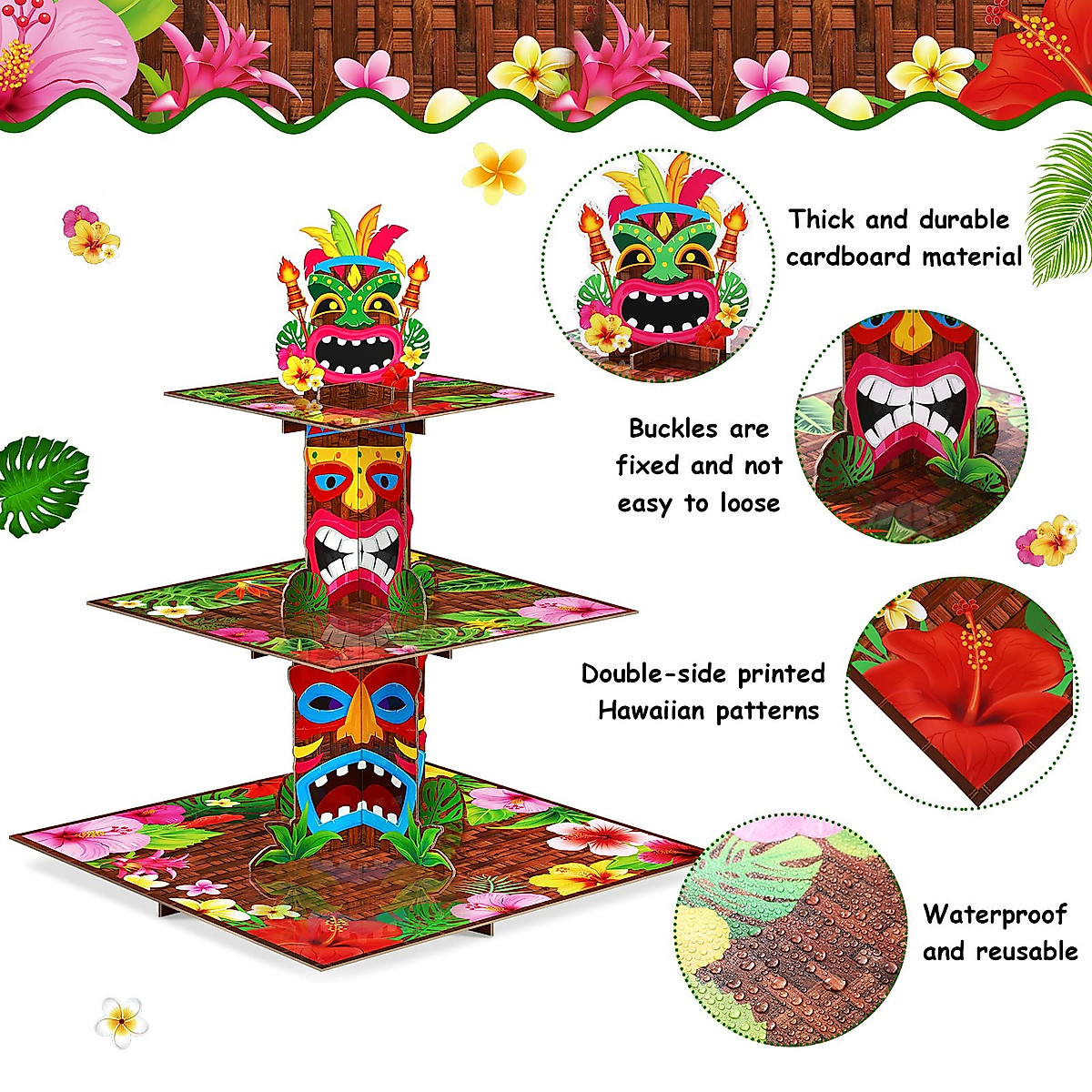 3 Tier Hawaiian Cupcake Stand Tiki Torch Cupcake Holder Luau Theme Cake Holder Decorations Tropical Cupcake Dessert Holder for Summer Pool Beach Birthday Party Supplies (2 Packs)