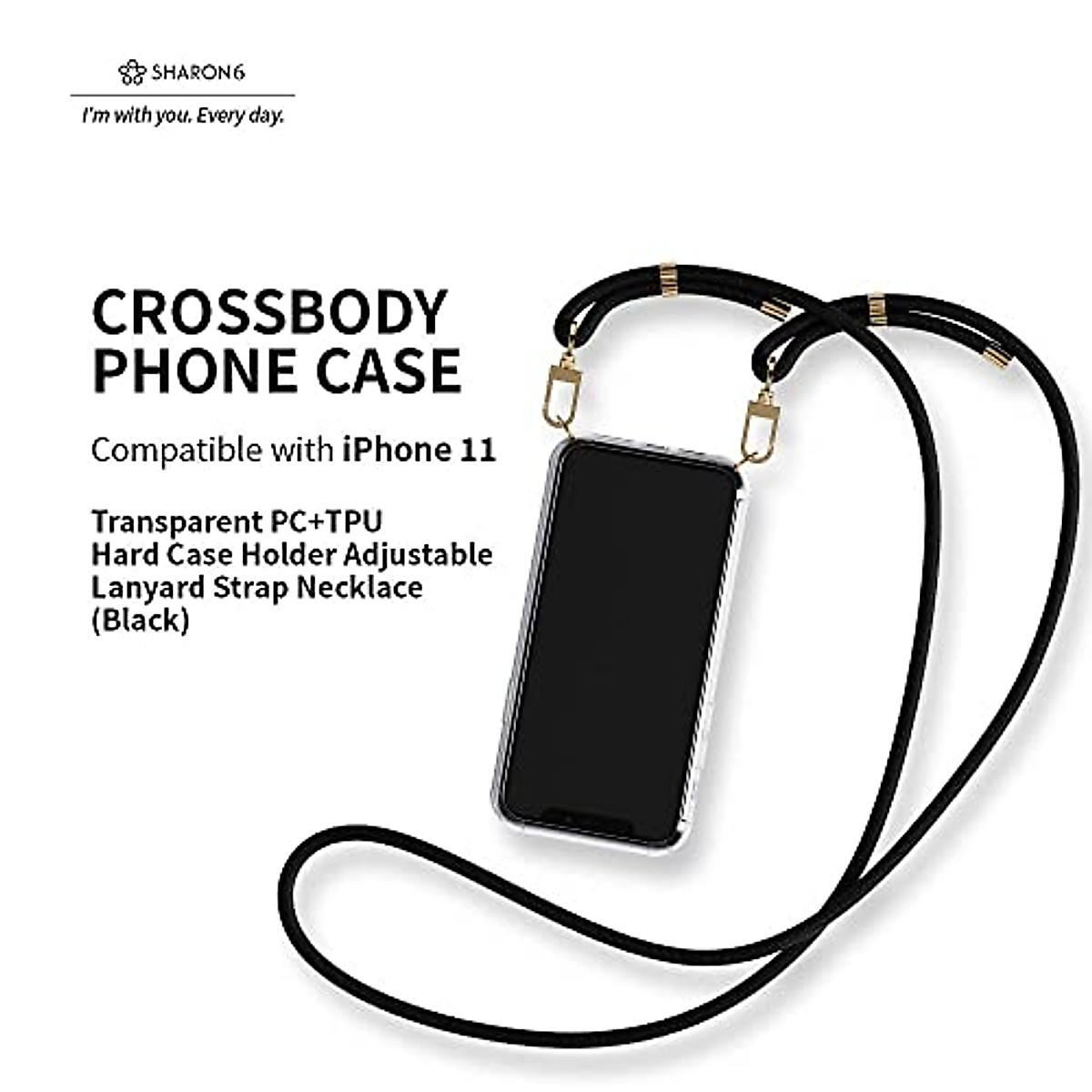 SHARON6 Crossbody Phone Case Compatible with iPhone 11 Clear Transparent PC+TPU Hard Case Holder Adjustable Lanyard Strap Necklace TUK CASE (Black)