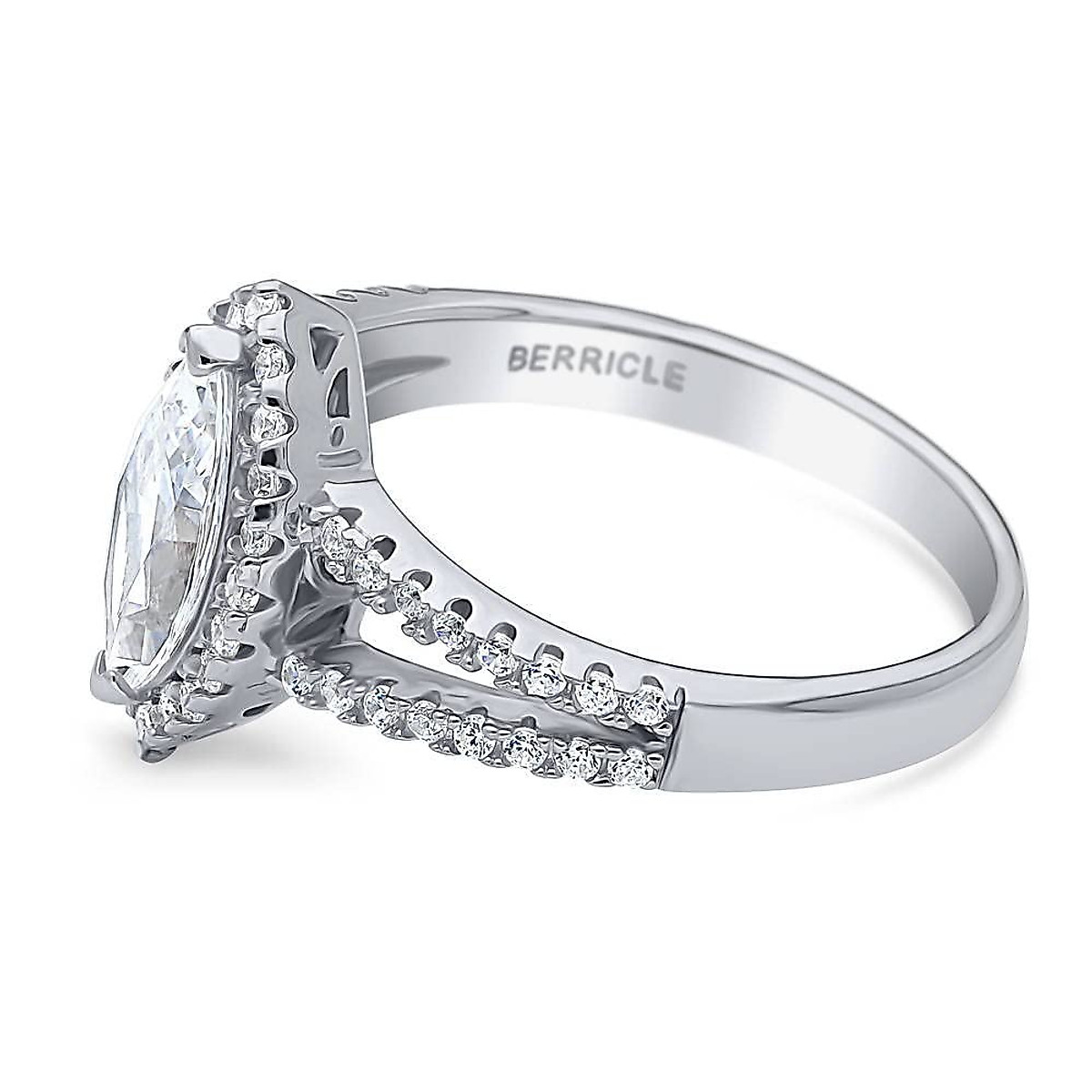 BERRICLE Sterling Silver Halo Wedding Engagement Rings Marquise Cut Cubic Zirconia CZ Promise Split Shank Ring for Women, Rhodium Plated Size 7