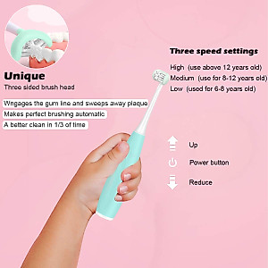 AICase Triple Best Kids Sonic Toothbrush,Rechargeable 32000 VPM Tooth Brush,Patented 3 Brush Head Design,Angled Bristles Clean Each Tooth,for Kids 3+ (Blue)