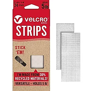 VELCRO Brand ECO Collection | 24 Sets | Stick'EM Hanging Strips with Adhesive | Easy Mounting | 2-1/2in x 3/4in, White with Sticky Back