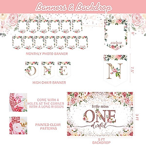 125 PCs First Birthday Decorations for Girl, Fiesec Little Miss Onederful 1st Birthday Party Decorations Backdrop Balloon Garland Monthly Photo Highchair Banner Box Cutout Cake Topper Crown Poster