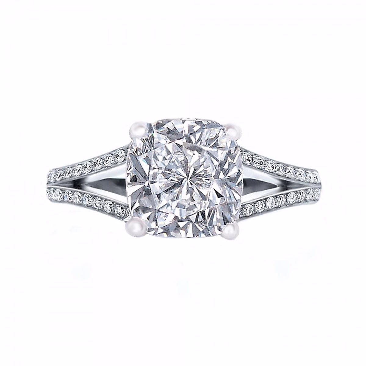 101 Facets 2 Carats Realistic Princess Cushion Cut NSCD Simulated Diamond Solitaire Split Shank Ring 925 Silver Platinum Plated RSPLIT90