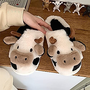 Jerzmy Fuzzy Cow Slippers for Women Men, Cute Cotton Animals House Slippers Fluffy Plush Shoes for Girls Indoor Living Room Bedroom Garden, Size 10-11