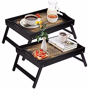 TURSTIN 2 Packs Bed Tray Bamboo Bed Trays Table with Folding Legs Breakfast in Bed Portable Food Serving Lap Tray with Handles for Eating Snack Laptop Working Bed Sofa Kitchen Bedroom, Black