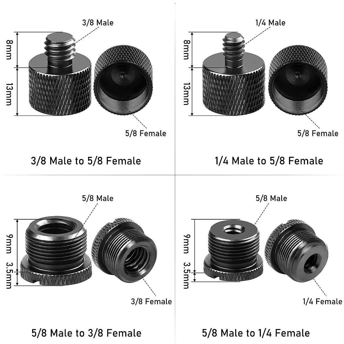 Mic Stand Adapter Set,8 Pcs Mic Thread Adapters-5/8 Female to 3/8 Male and 3/8 Female to 5/8 Male, 5/8 Female to 1/4 Male and 1/4 Female to 5/8 Male-Screw Adapter for Microphone Stand Mic Boom Arm
