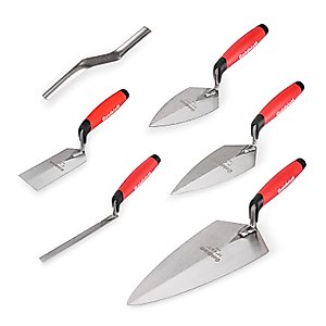 Goldblatt 6PC Masonry Hand Tool Set - 11" x 5-1/2" Philadelphia Brick Trowel, 2PC Pointing Trowel, 5" x 2" Margin Trowel, 1/2" Tuck Pointing Trowel, 5/8” x 1/2” Convex Brick Jointer