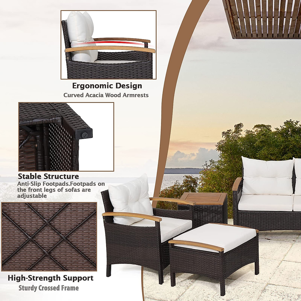 Tangkula 7 Pieces Patio Rattan Sofa Set, Outdoor Wicker Conversation Set w/Seat & Back Cushions, 2 Ottomans & 2 Coffee Tables, Acacia Wood Tabletop & Armrests, Wicker Sofa Set for Backyard, Poolside