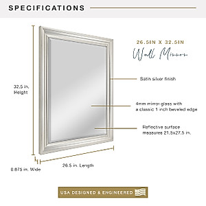 MCS Large Wall Mirror, Modern Rectangle Mirror Home Decor for Living Room, Bedroom, or Bathroom, 26.5 by 32.5 Inch, Brushed Silver