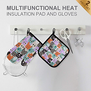 Oven Mitts Pot Holders Sets - Cute Cats for Kids Oven Gloves Hot Pads Non-Slip Potholders for Kitchen Cooking Baking BBQ