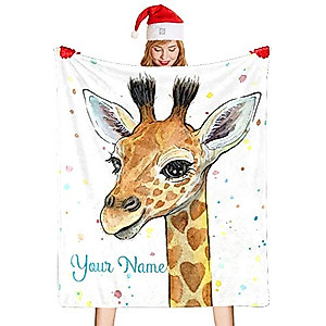 Custom Blanket with Name Text,Personalized Watercolor Giraffe Super Soft Fleece Throw Blanket for Couch Sofa Bed (50 X 60 inches)