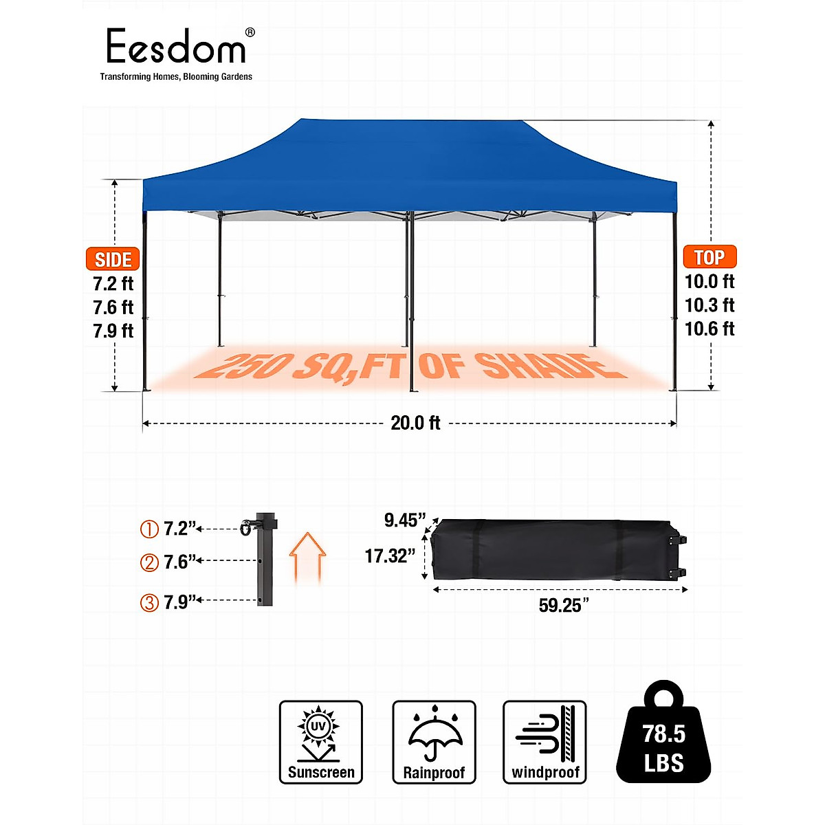 Eesdom 10x20 Canopy Tent with Roller Bag, Commercial Pop Up Canopy Tent, Adjustable Height with Pull Ring, Outdoor Canopy for Beach, Parties, UPF50+, 6 Stakes & 6 Sandbags & 6 Ropes, Blue