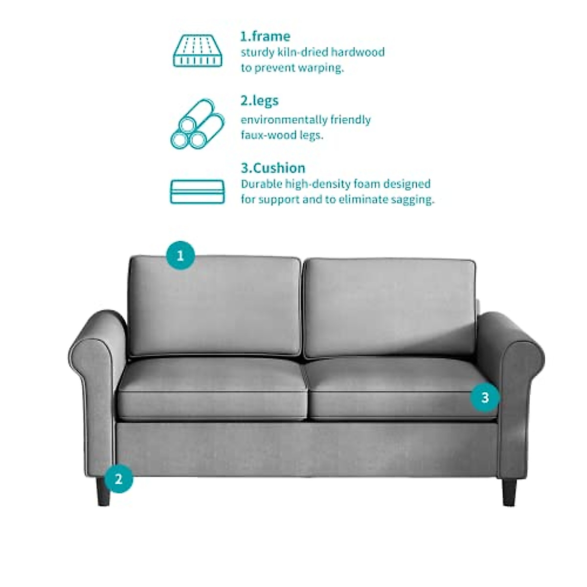 BALUS Upholstered Loveseat Couch for Living Room, Modern Love seat Sofa Furniture with 5.9“ Upholstered Cushion for Apartment/Living Room/Bedroom/Office(Light Grey)