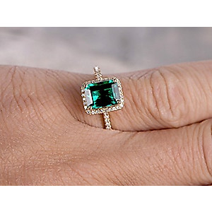 Emerald Engagement Ring,14K Yellow Gold,May Birthstone,6x8mm Emerald Cut Green Gems,Halo,Ball Prong Set