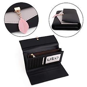 UTO Wallet for Women Leather Vegan Girls Wallet Leaf Pendant Card Holder Phone Checkbook Organizer Zipper Coin Purse