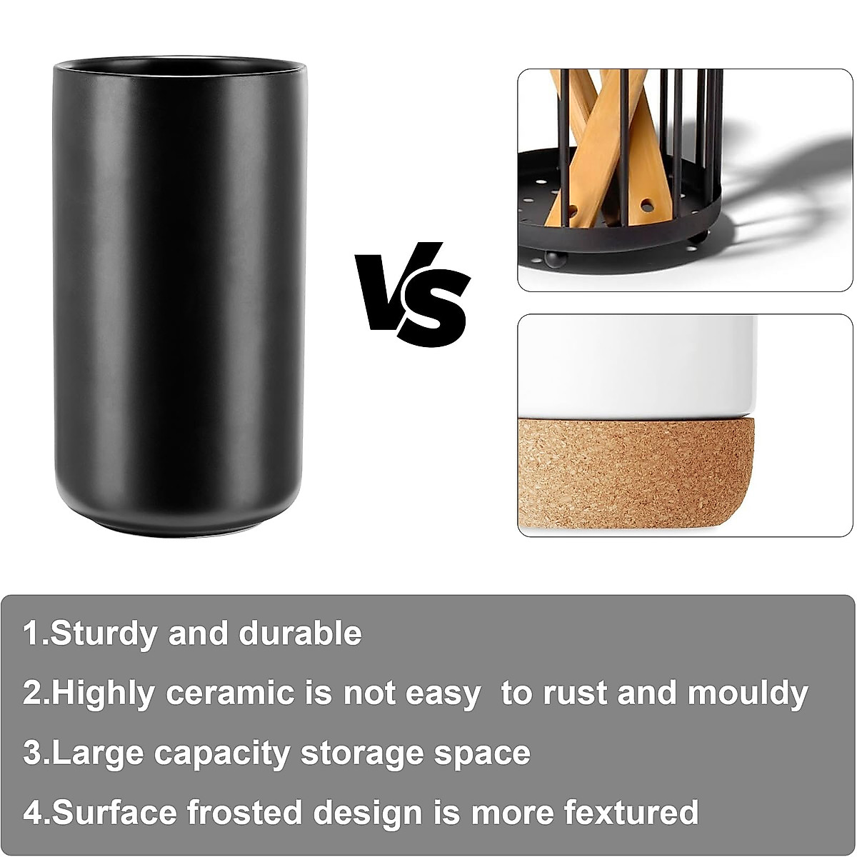 Black Matte Ceramic Countertop Utensil Holder - 6.6in Modern Spatula Holder for Farmhouse Kitchen Decor