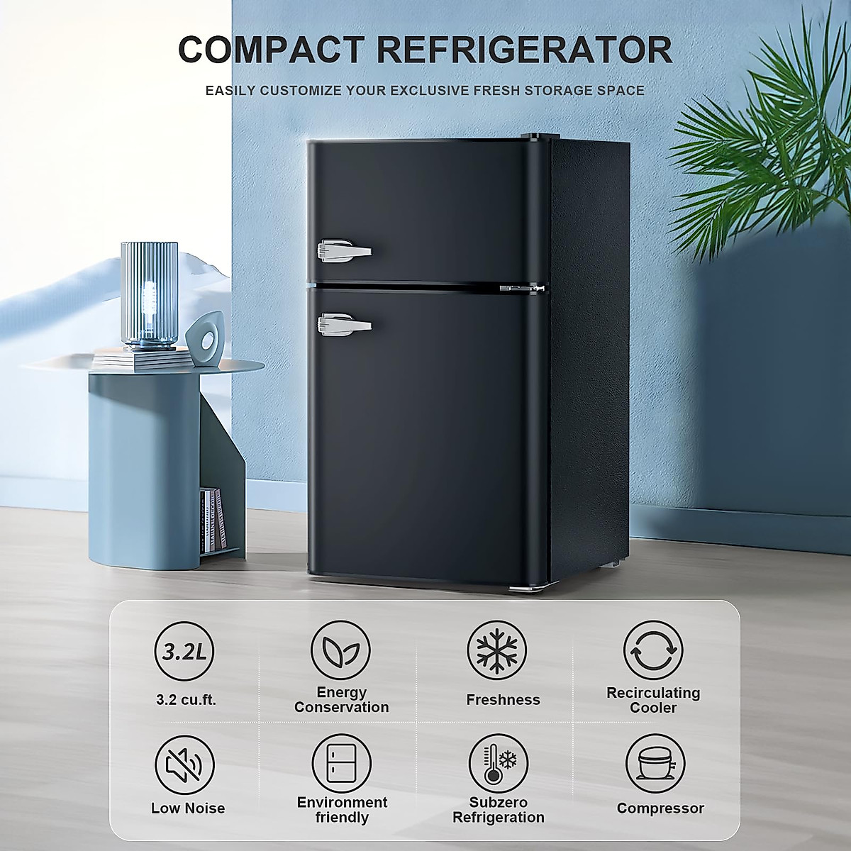 Antarctic Star Mini Refrigerator 3.2Cu.Ft Compact Fridge 2-Double Doors with a Freezer Low Noise Defrost Storage of Beverages Vegetables and Fruits for Home Office Dorm, Emboss Black