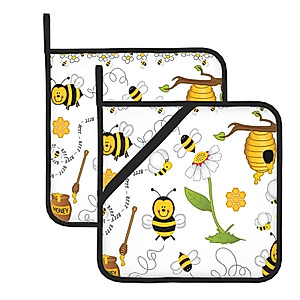 Xinyuyue Flying Bees Daisy Honey Pot Holders for Kitchen Oven Set 2 Piece Machine Washable Heat Resistant Potholders Hot Pads Non Slip for Cooking and Baking, One Size