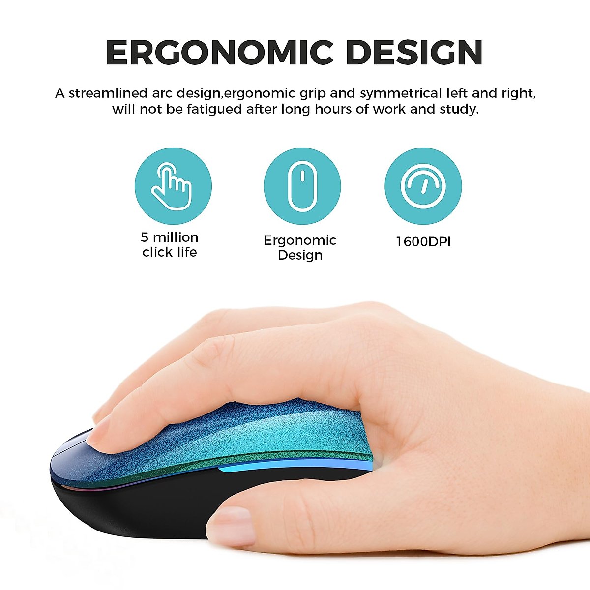 FENISIO Wireless Mouse, USB Computer Mouse 2.4G Rechargeable RGB Mouse Ultra Silent Cordless Mouse, Portable Computer Mouse for PC, Laptop, Desktop, MacBook, Windows (Aurora Purple)