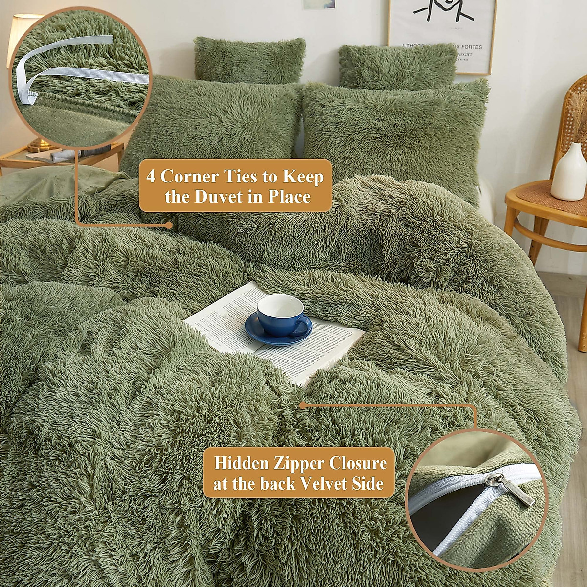XeGe Plush Shaggy Duvet Cover Set, Luxury Soft Crystal Velvet Fluffy Furry Bedding Sets 3 Pieces(1 Faux Fur Fuzzy Comforter Cover + 2 Faux Fur Throw Pillow Shams), Zipper Closure (Queen, Sage Green)