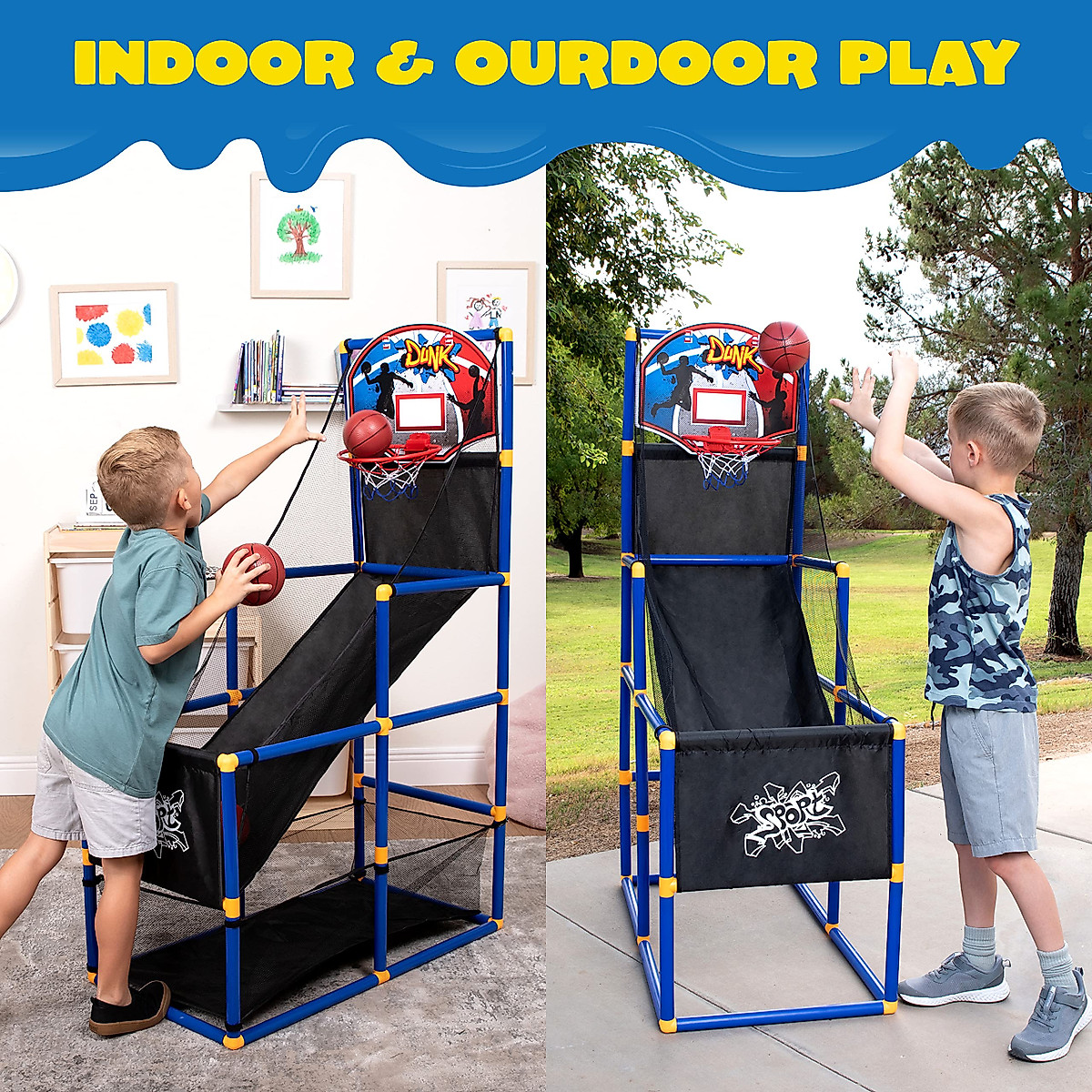 JOYIN Arcade Basketball Game Set with 4 Balls and Hoop for Kids 3 to 12 Years Old Indoor Outdoor Sport Play - Easy Set Up - Air Pump Included - Ideal for Competition