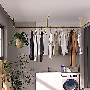 MOUTIK Industrial Pipe Clothes Hanging Rack: Wall Mounted Iron Clothing Storage Hanger Rod - Heavy Duty Multi-Purpose Metal Garment Bar for Closet Laundry Room Gold