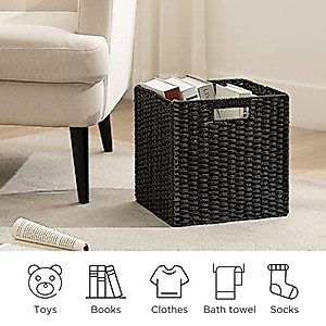 UBBCARE 3 Pack Wicker Basket, 11.8L×11.8H×11W inch Woven Paper Rope Storage Baskets for shelves, Foldable Cube Storage bin with Handle, Storage Basket for Organizing & Decor, Black