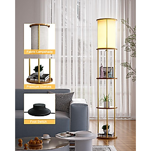 Floor Lamp with Big Shelves,3-Tier Golden Cylinder Shelf Floor Lamps with 3000K Warm Soft Brightness E26 LED Bulb (Included), Linen Shade Storage Wood Texture Modern Floor Lamp with Foot switch