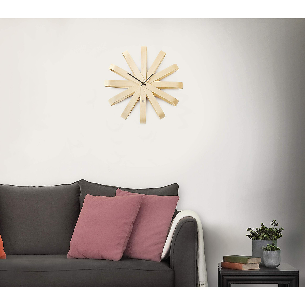 Umbra Ribbonwood Large Modern Wall Clock, Battery Operated, Silent, Non Ticking, Unique, 20" Diameter x 4” Width x 20" Height, Natural