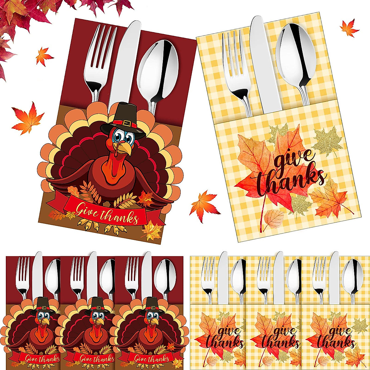 36 Pieces Thanksgiving Utensil Cutlery Holders Cutlery Wraps Bag with Maple Leaf and Turkey Give Thanks Cutlery Pouch Holder Silverware Pouch Bags for Fall Harvest Party Supplies Thanksgiving Decor