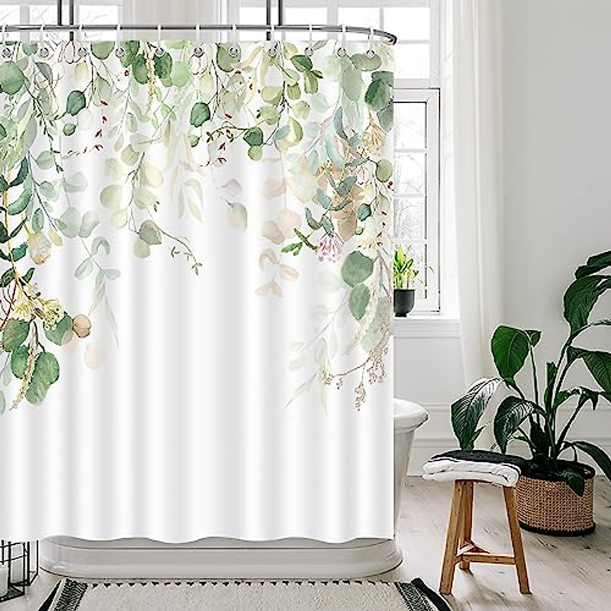 QOQIBU Green Plant Shower Curtain for Bathroom with 12 Hooks,Waterproofing Enhanced Shower Curtains with Eucalyptus Leaf Plant Pattern,Floral Shower Curtain Inspired by Nature for Decoratin-72 x72