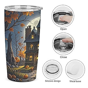 FHENMSA Stainless Steel Insulated Travel Coffee Mug,Moon Castle Print Reusable Car Cup,Thermal Cup for Outdoor with Straw And Lid