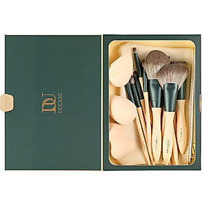 DUcare Makeup Brushes 14Pcs with 3Pcs Makeup Spong & Cosmetic Bag - Lime Mojito Series Christmas Gifts Professional Kabuki Foundation Blending Brush Face Powder Blush Concealers Eye Shadows