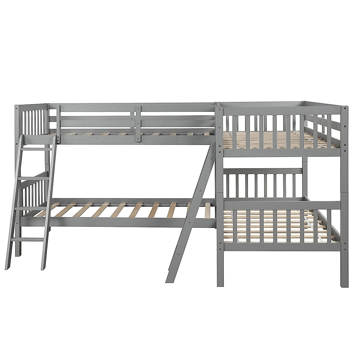 P PURLOVE Twin Over Twin Bunk Bed, L-Shaped Twin Size Bunk Bed Frame Wood Slat Support No Box Spring Needed (Gray)